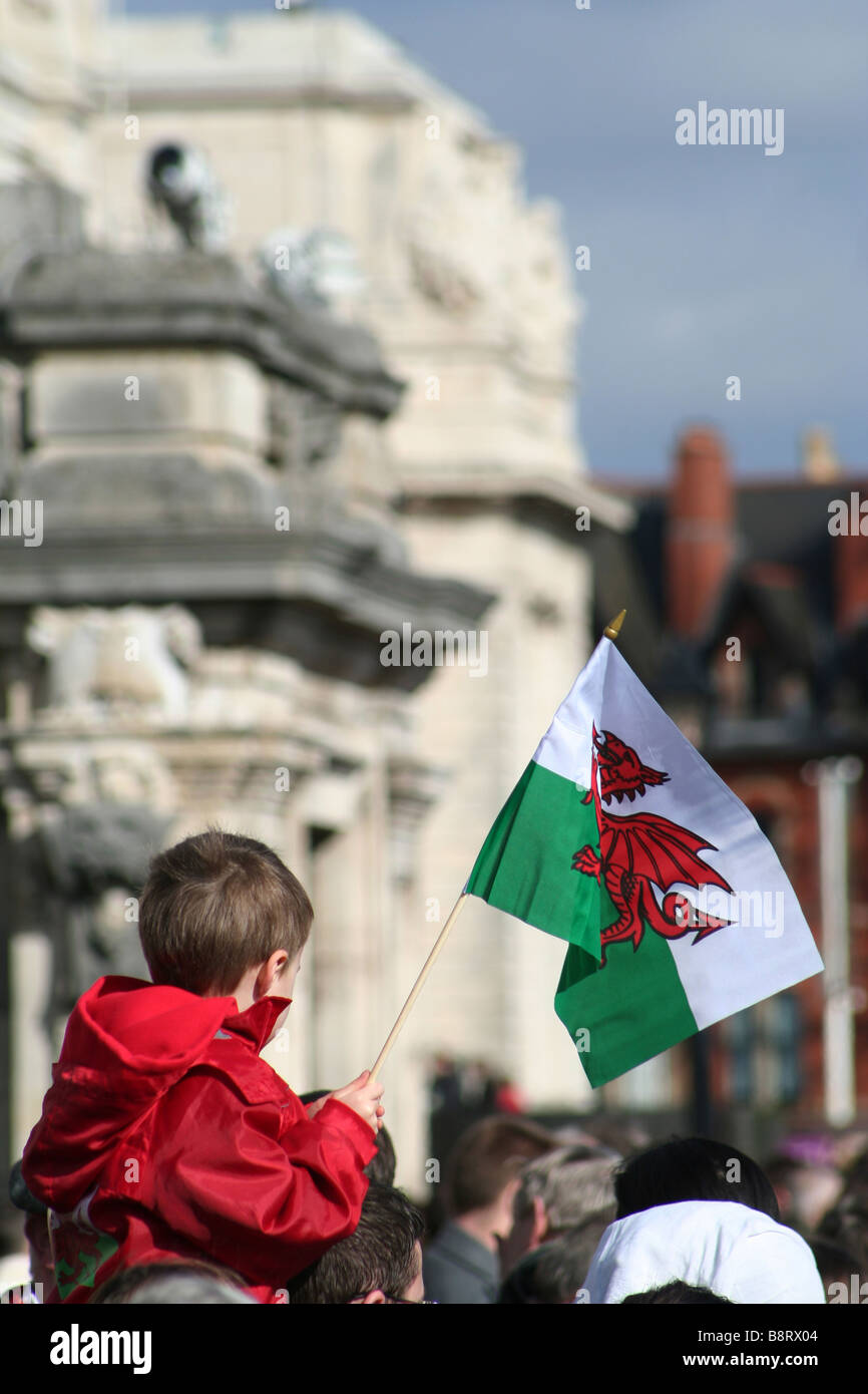 Boy with Welsh flag St Davids Day parade Cardiff South Glamorgan ...