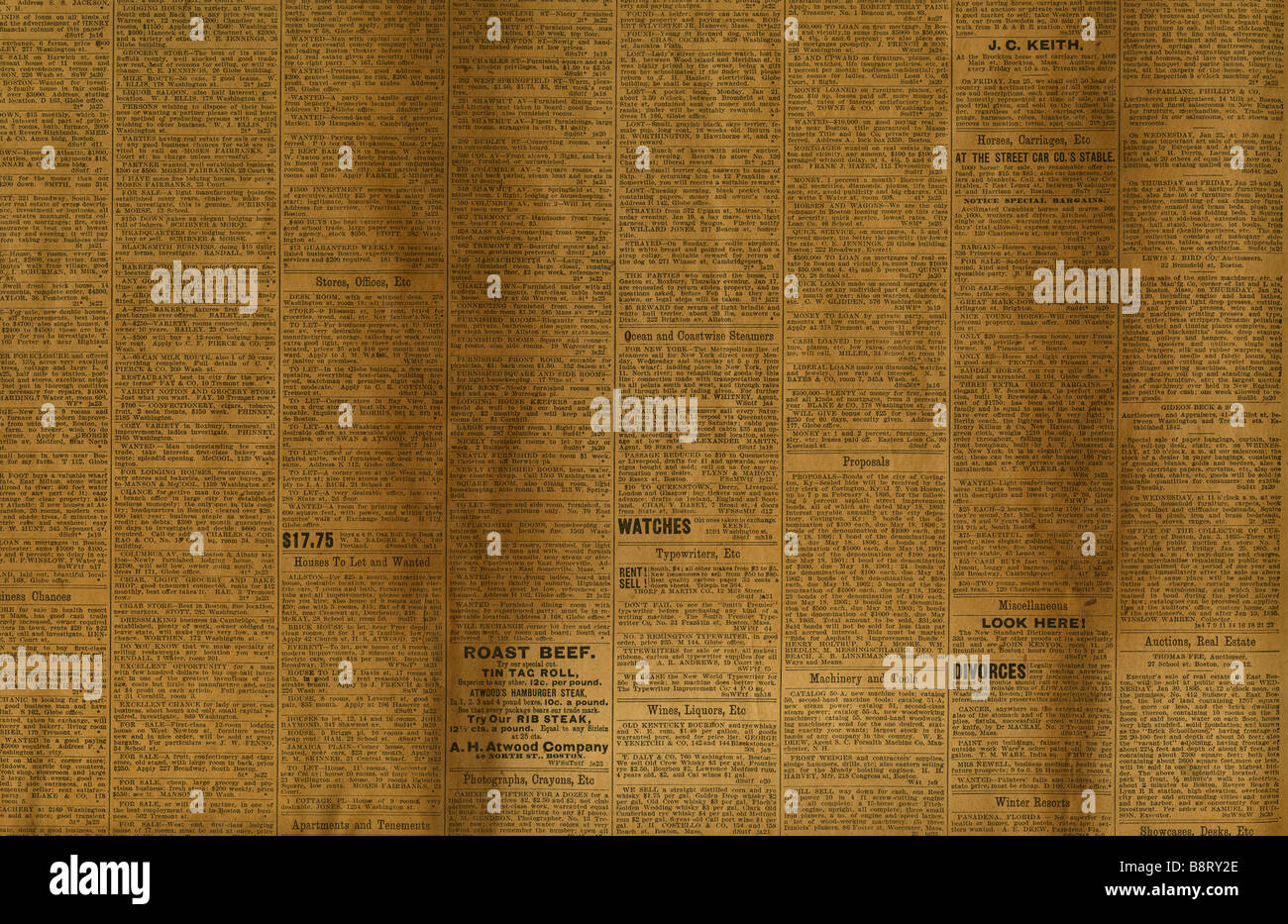 Old 1890s American newspaper classifieds section toned and stained with ...