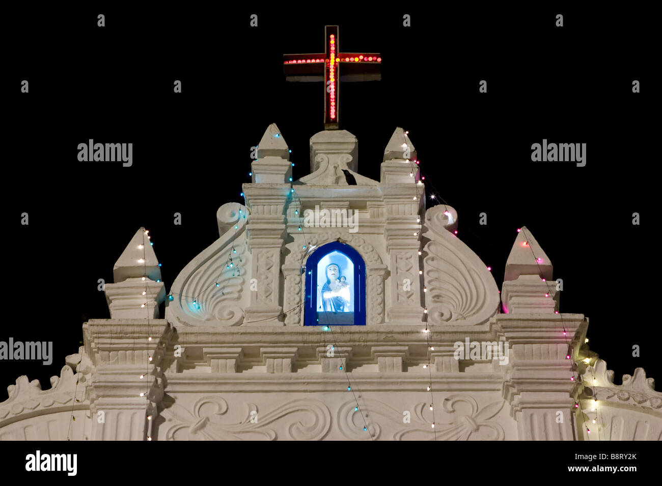 Varca catholic church view at night with illuminated statue of St ...