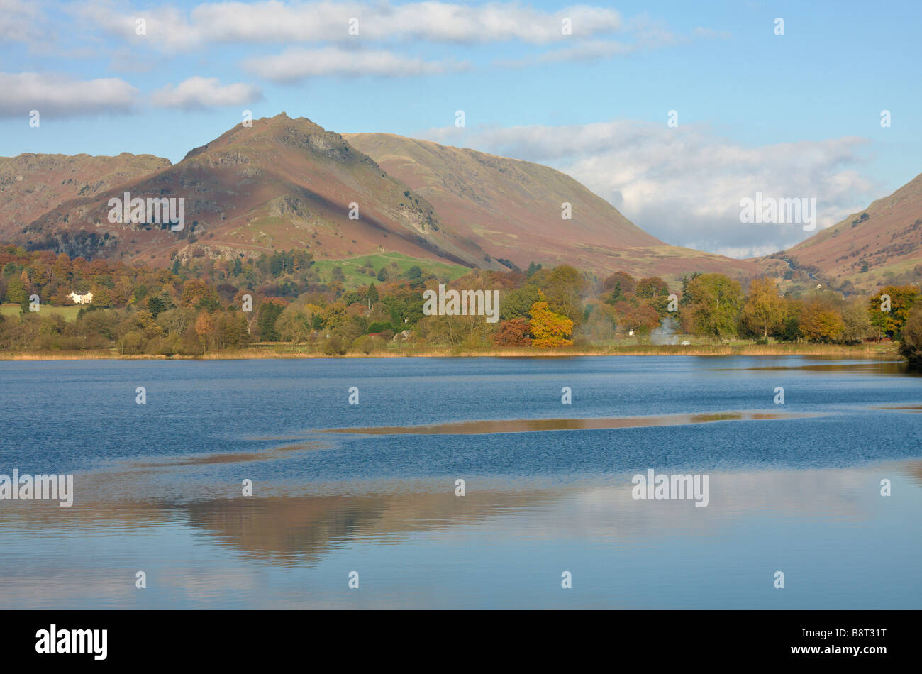 Grasmere lake with autumn colours and reflections Lake District Cumbria ...