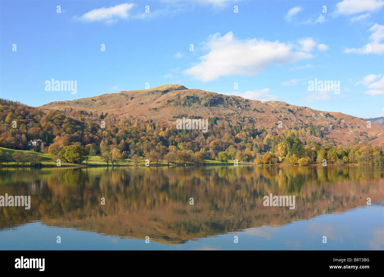 Grasmere lake with autumn colours and reflections Lake District Cumbria ...