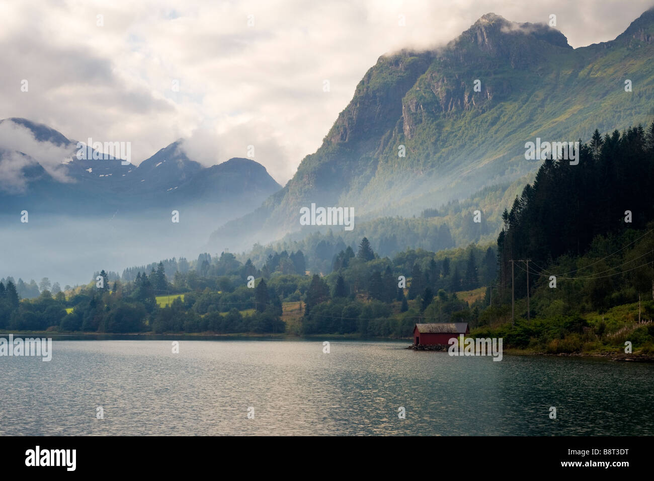 Misty view of the lake 'Floen', a short walk from Olden, Norway Stock ...