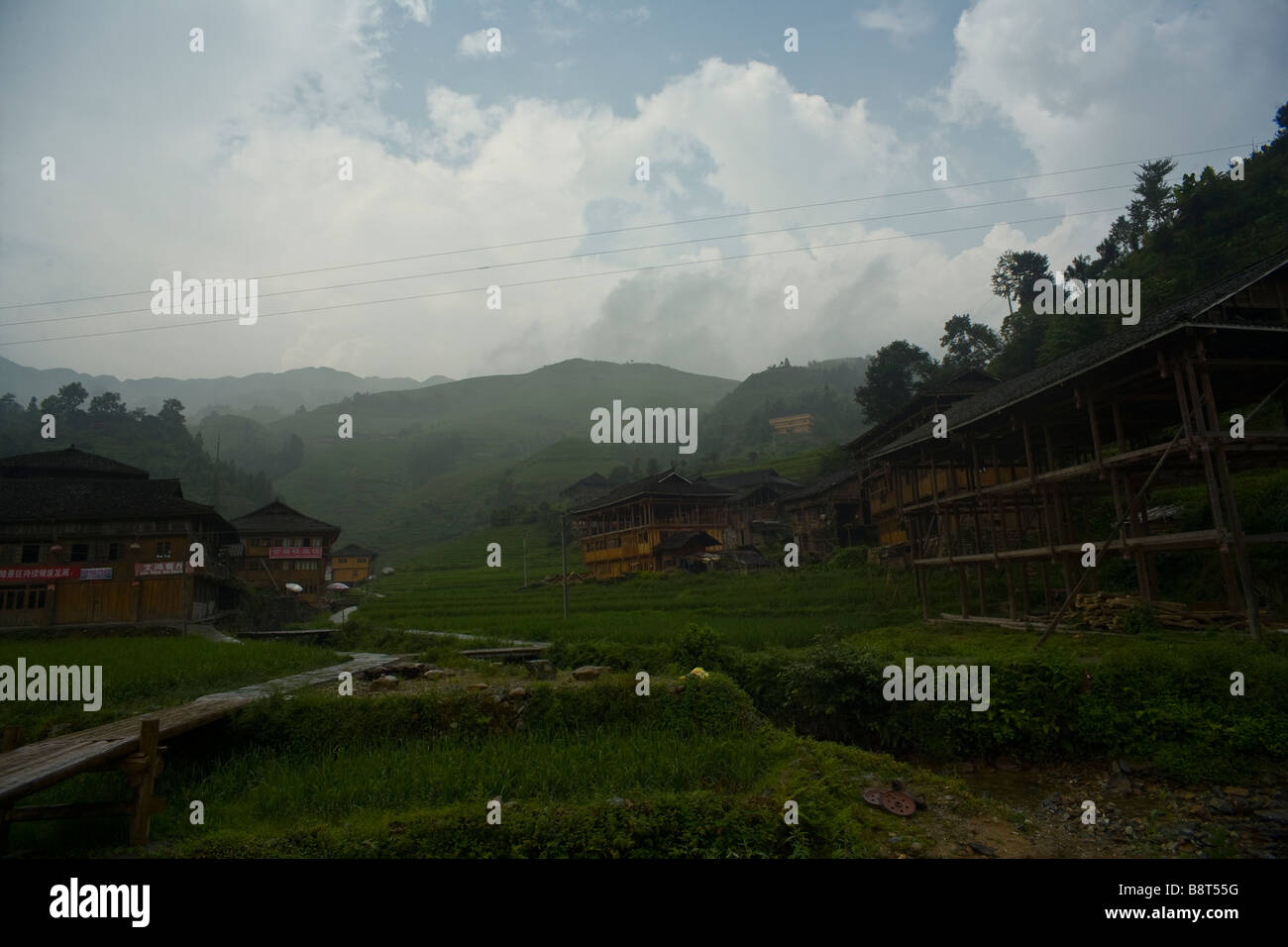 The village of Longsheng with surrounding rice terrace mountains ...