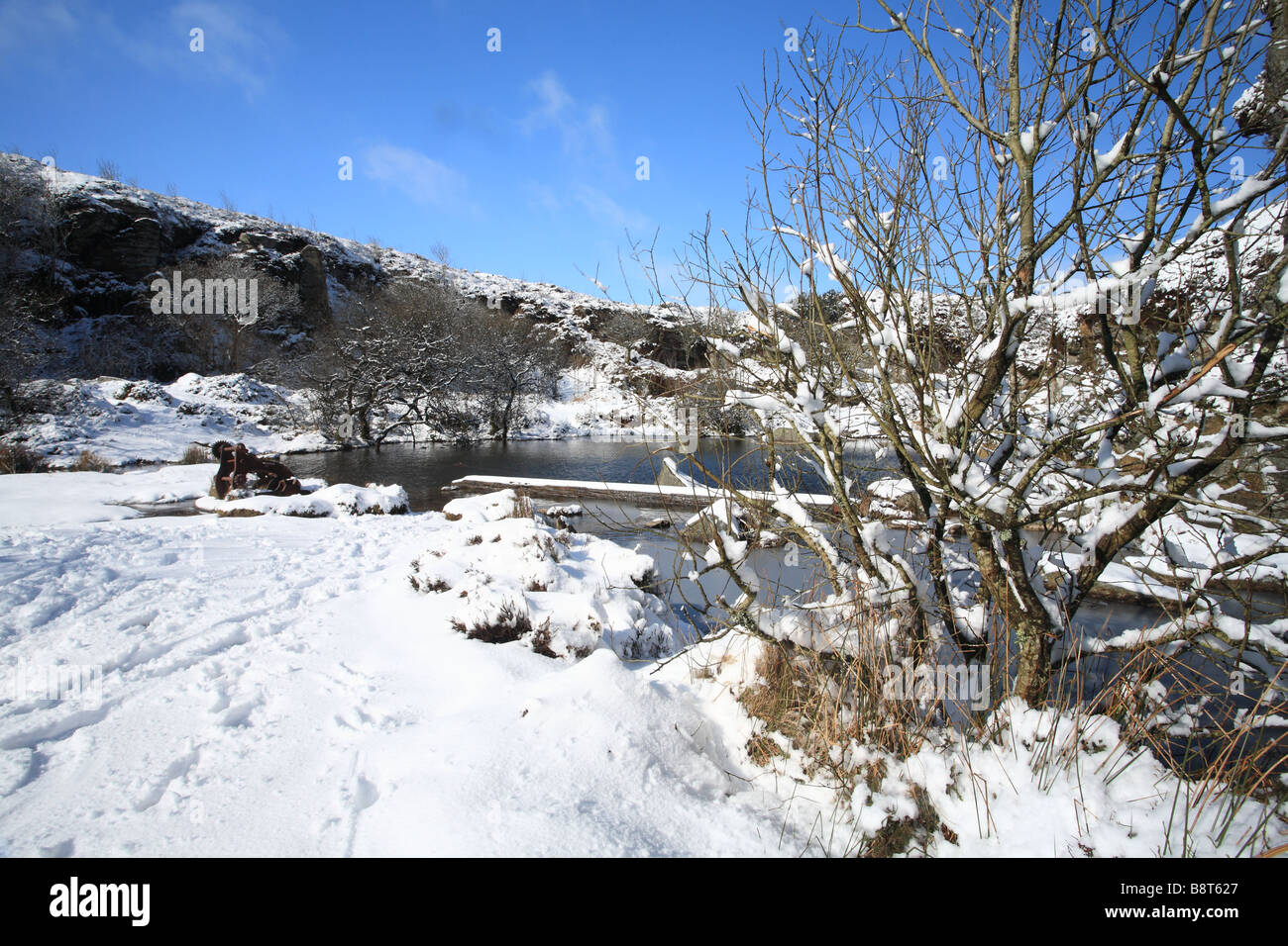 Haytor Quarry after overnight snow, Dartmoor, Devon, England, UK Stock ...