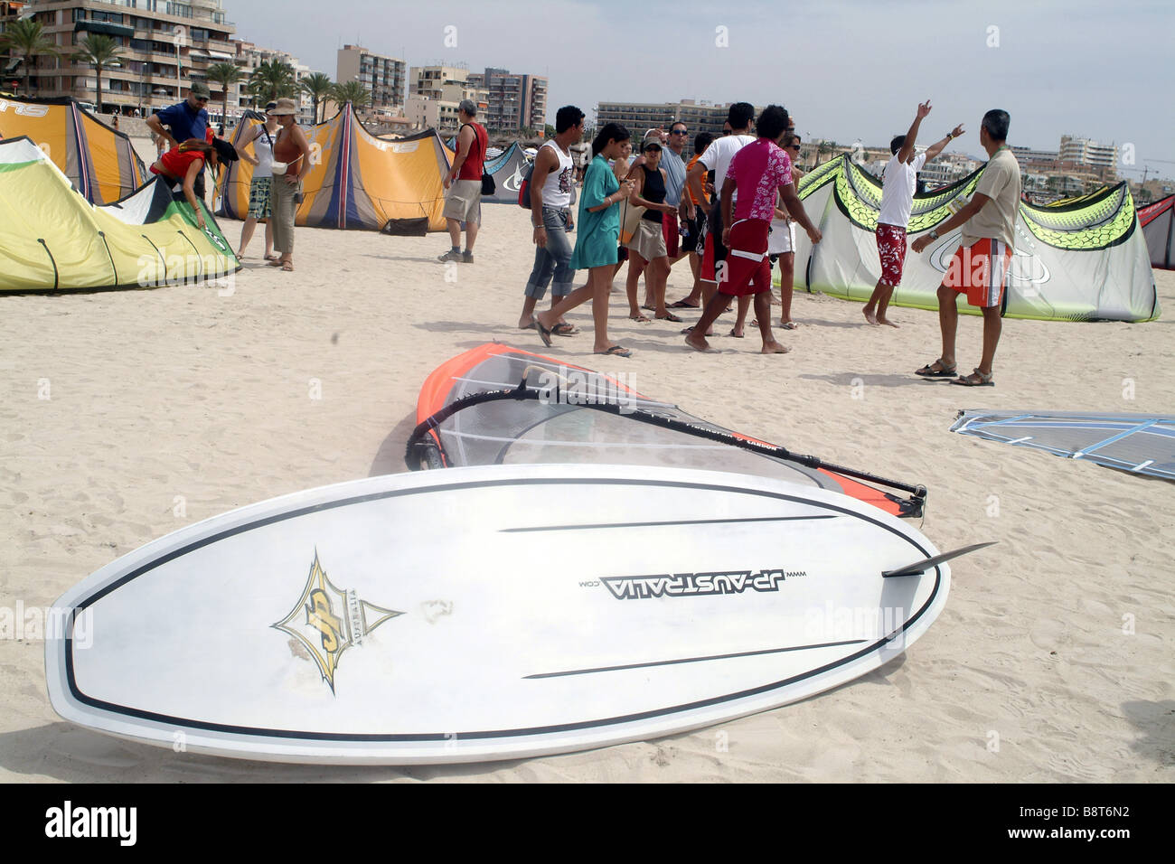 kiteboard and kite-surfer at the beach, Spain, Balearen, Majorca Stock ...