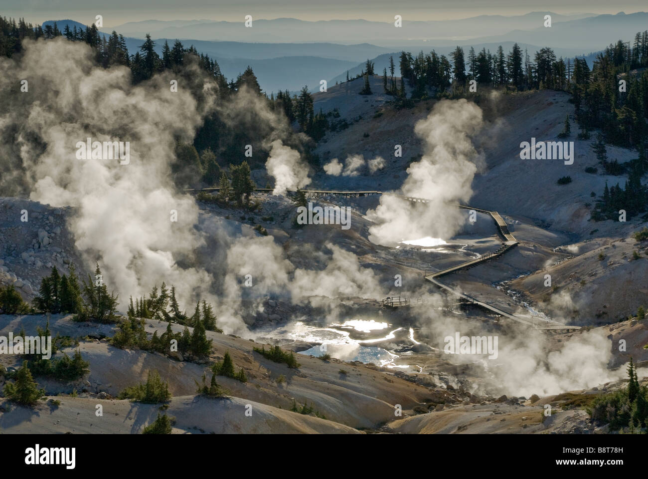 Fumaroles steam vents at Bumpass Hell area in Lassen Volcanic National ...