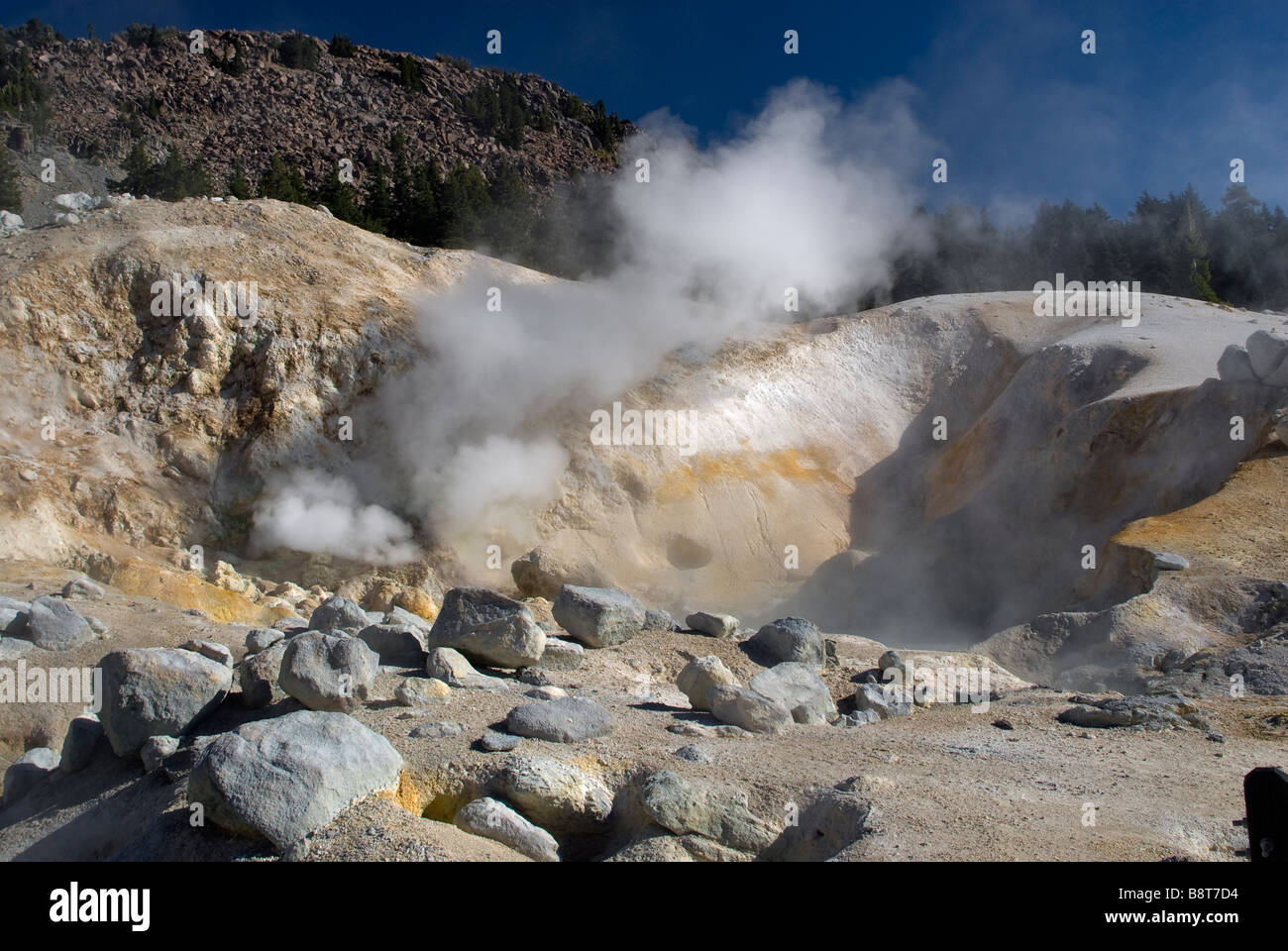 Fumaroles steam vents at Bumpass Hell area in Lassen Volcanic National ...