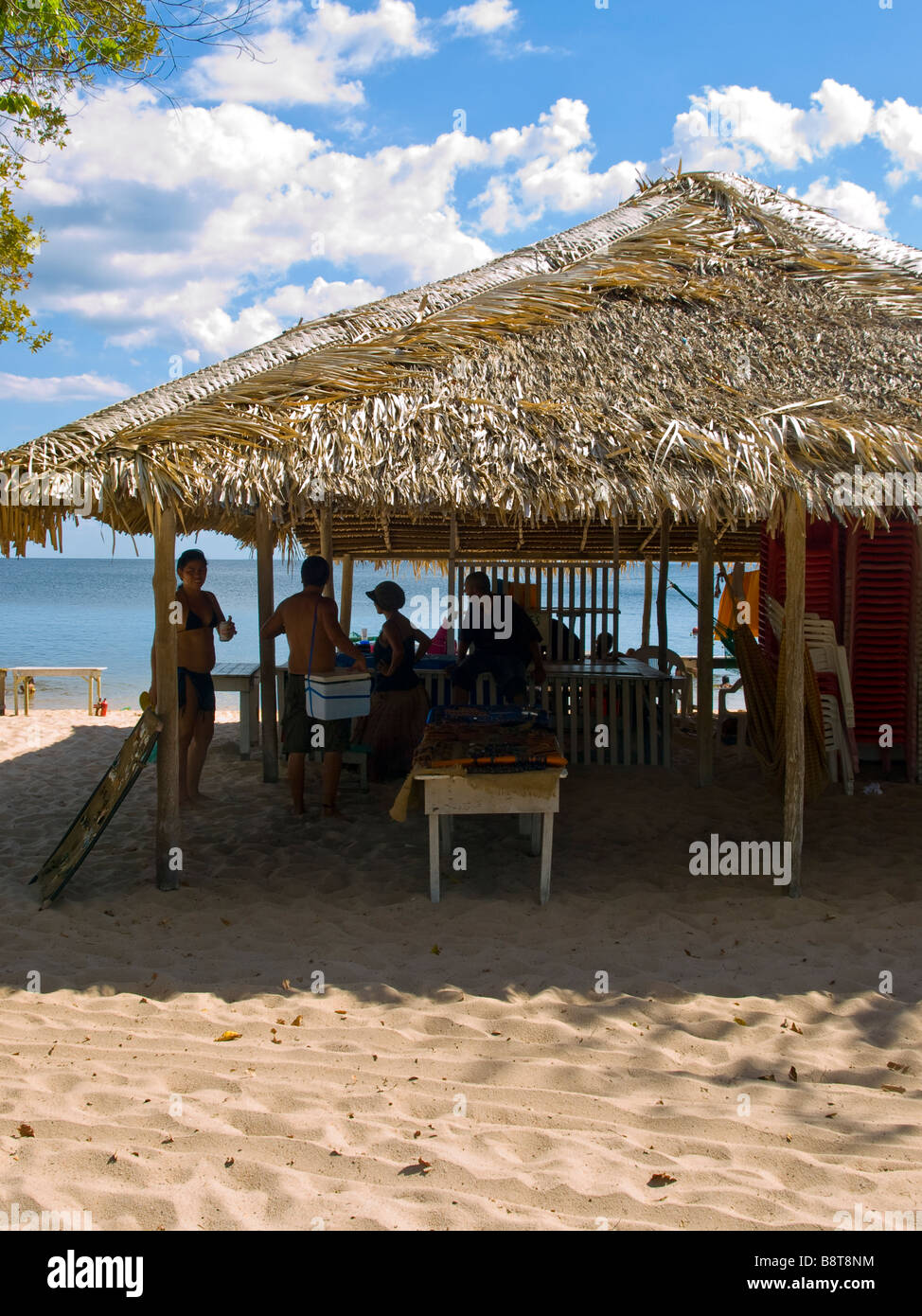 A beach bar on a tropical island on the Tapajos river in the Amazon ...