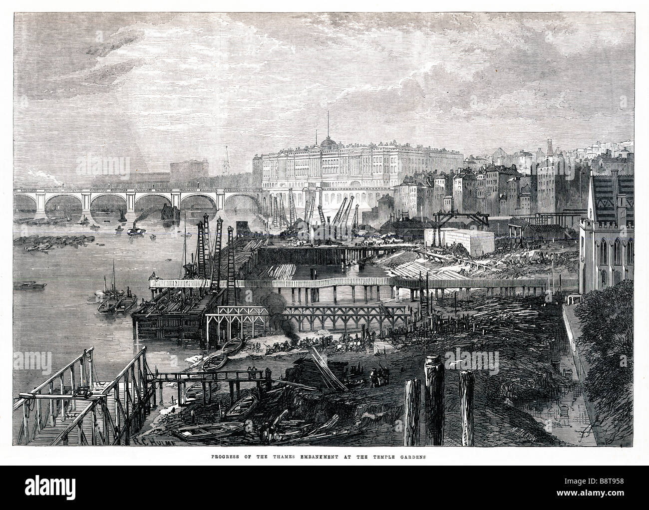Building The Thames Embankment Temple 1865 engraving of the works of ...