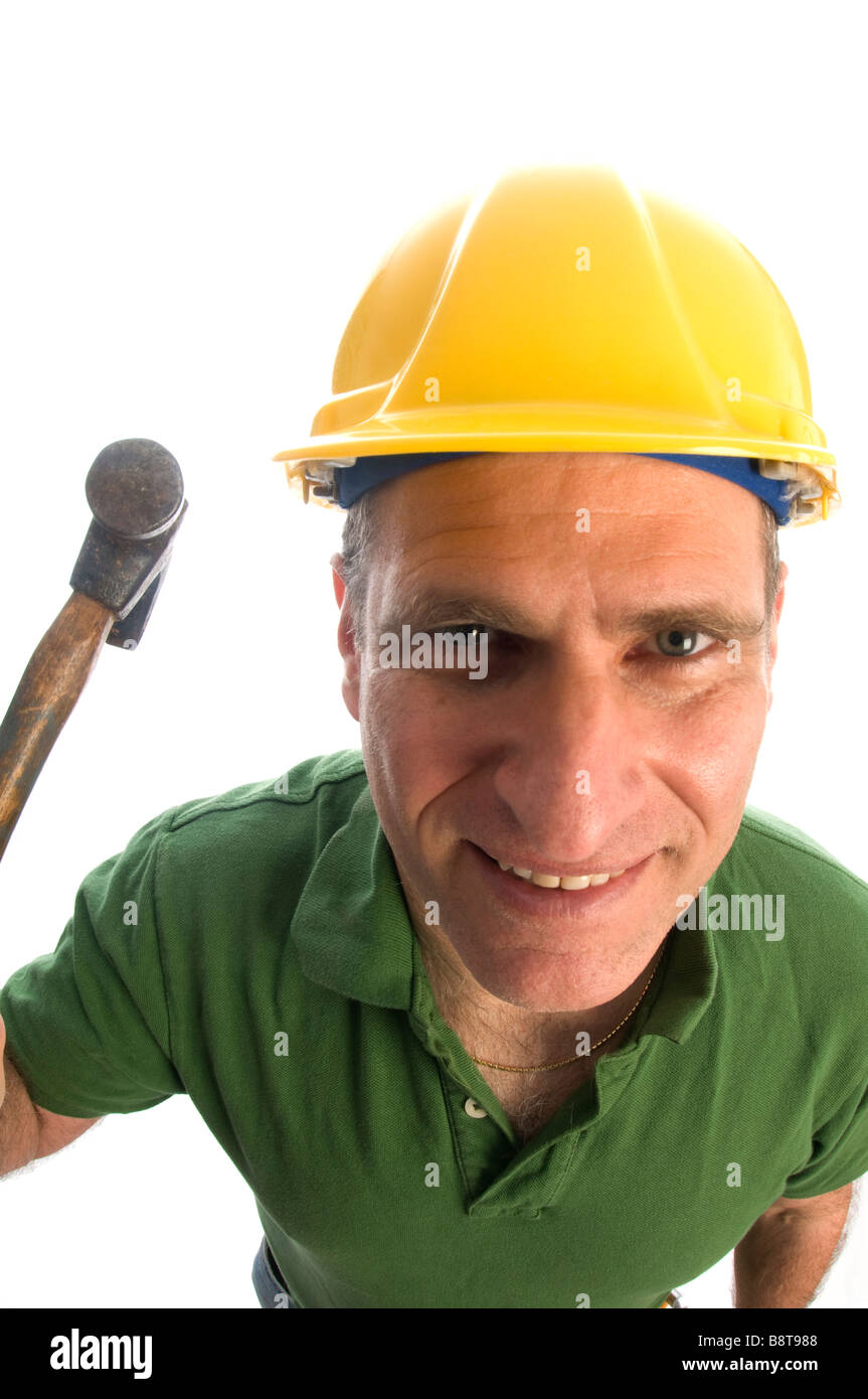 contractor handyman repair man smiling home owner with hard hat helmet ...