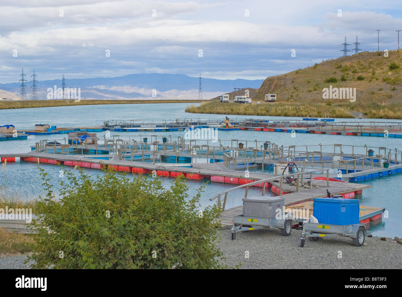 A salmon farm on a hydro power station canal Waitaki Basin New Zealand ...
