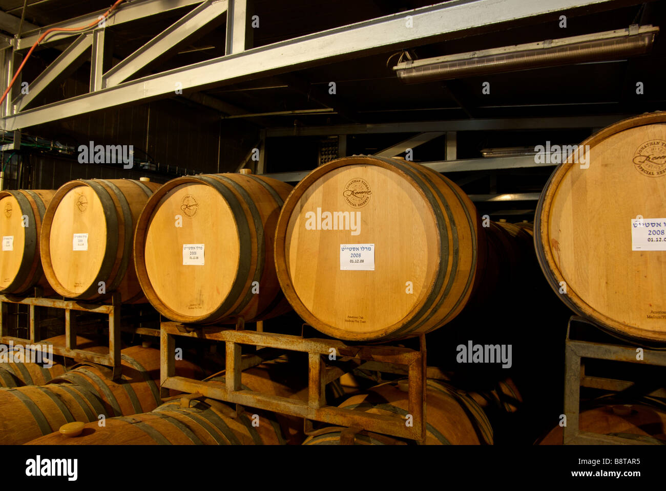 American oak barrels filled with aging wine at small family-owned ...