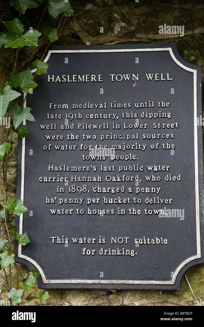Plaque commemorating the site of Haslemere Town Well, Haslemere, Surrey ...