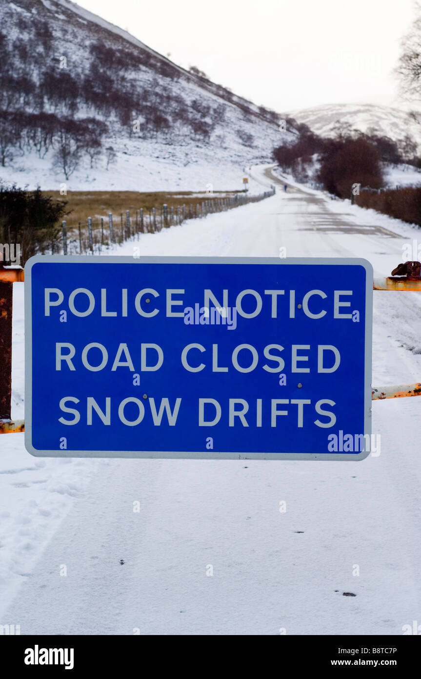 Snow gates on the closed A93 road at Braemar, Cairngorms, looking south ...
