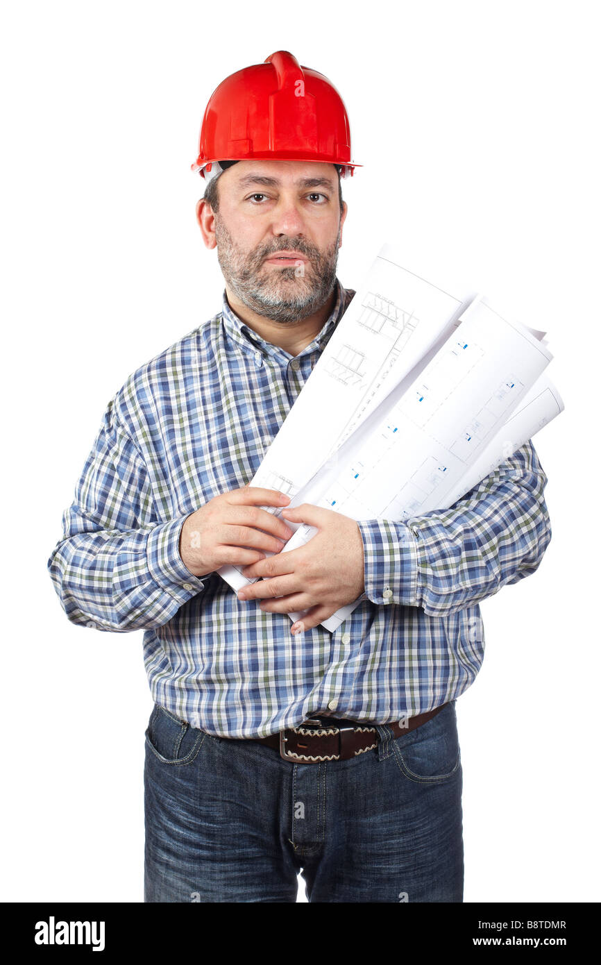 Construction worker holding blueprints isolated on a white background ...