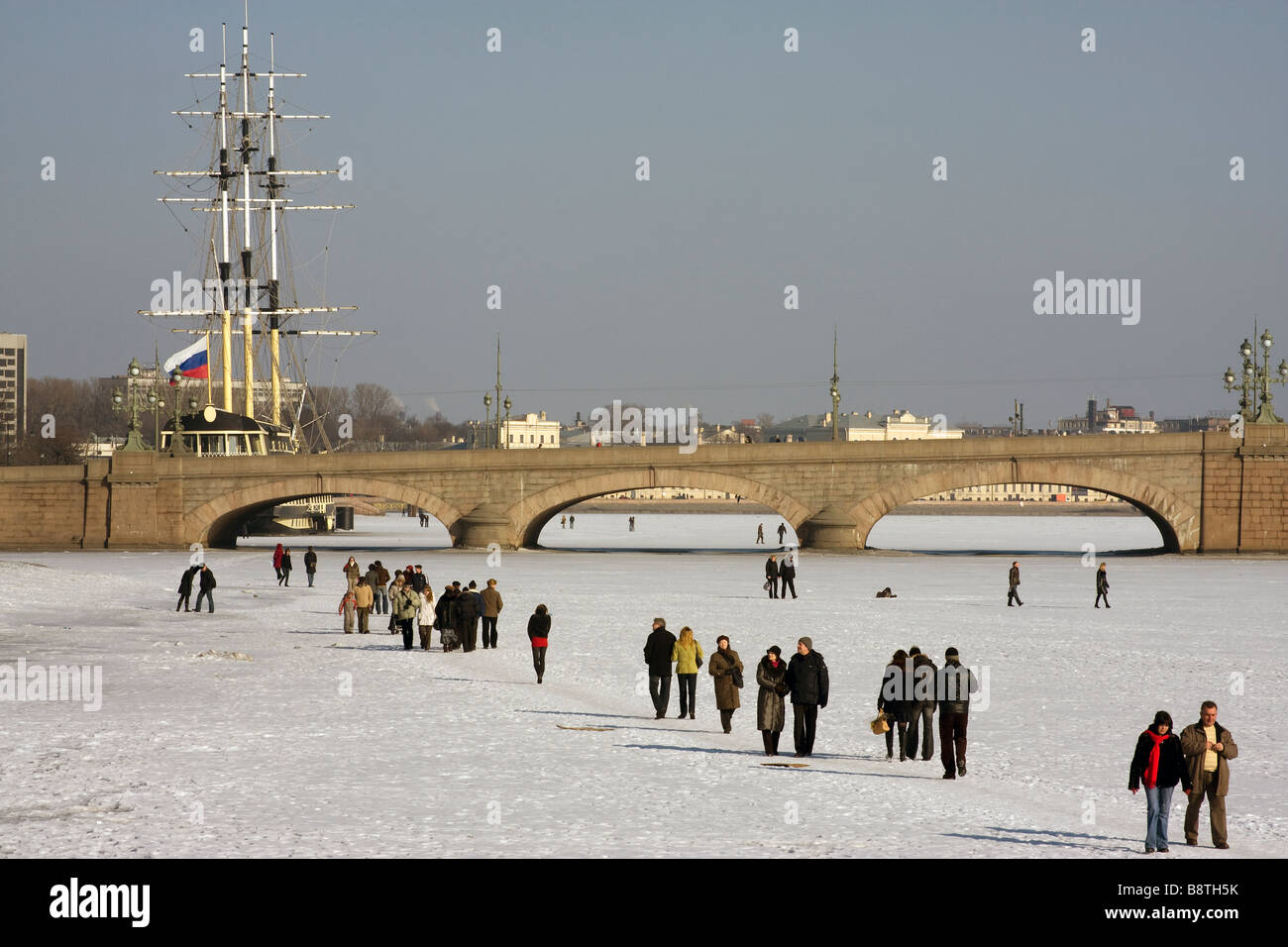 People walking on a frozen Neva river St Petersburg Russia Stock Photo ...