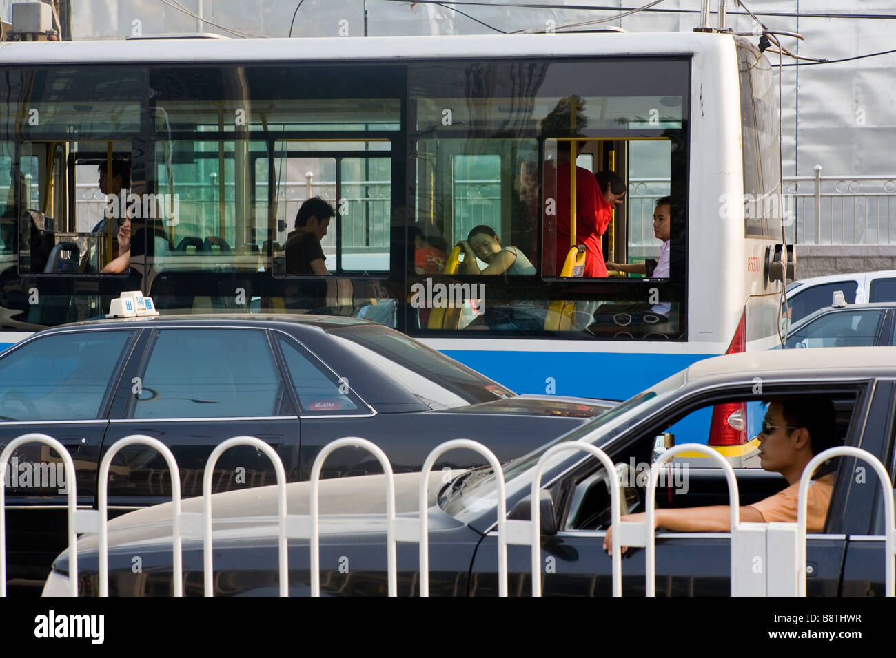 Bus passengers caught in a traffic jam in Beijing, China Stock Photo ...