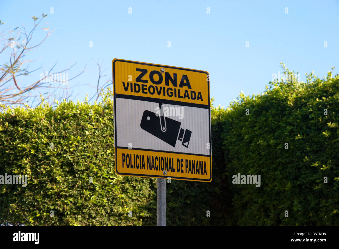 Video vigilance warning sign. Old Quarter, Panama City, Republic of ...