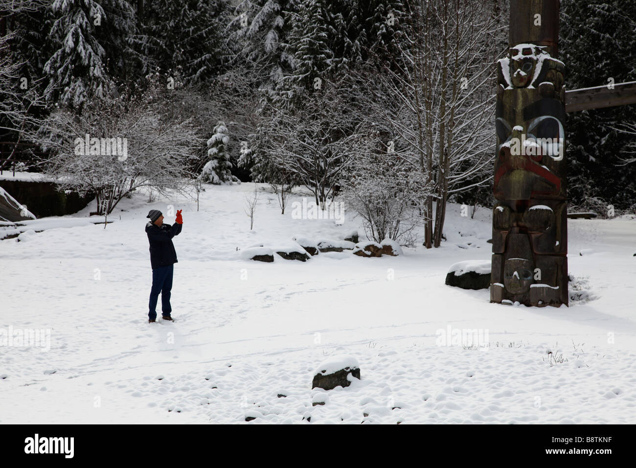 Man takes photograph of totem pole in the snow Stock Photo - Alamy