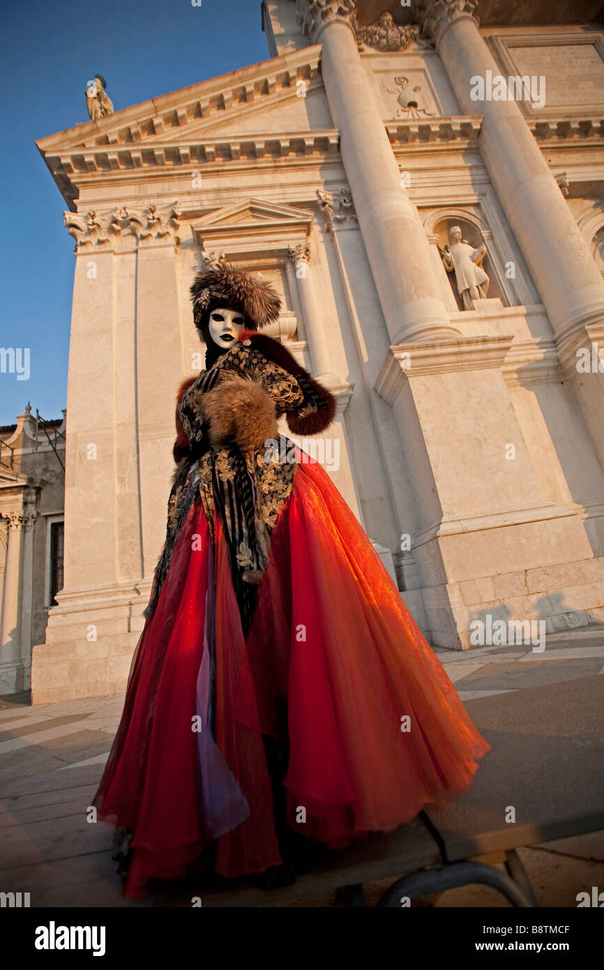Venice Carnival.full length girl woman gold red dress hat Costume mask ...