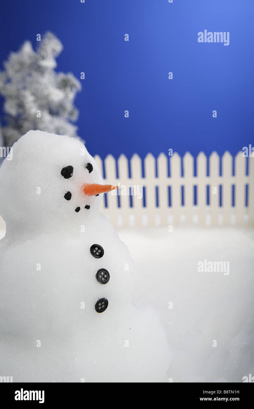 Snowman and fence Stock Photo - Alamy