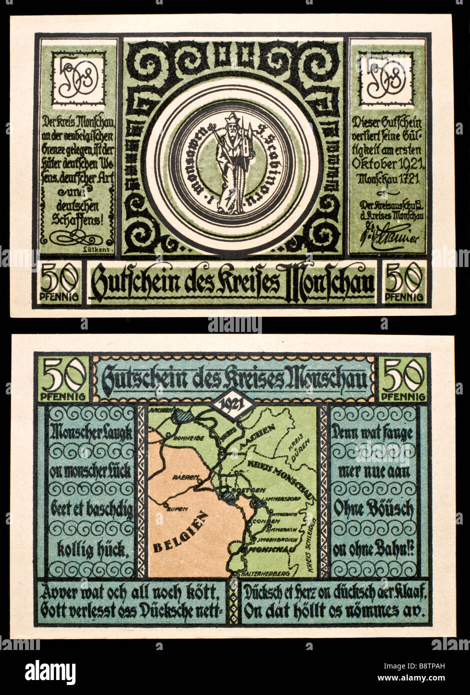 Notgeld, or emergency Money, used in Germany in the 1920s. 50pf note ...