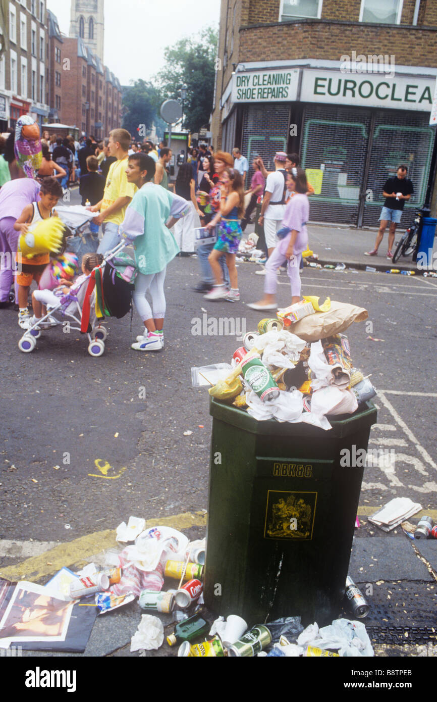 An overflowing litter bin in Notting Hill Gate area of north London ...
