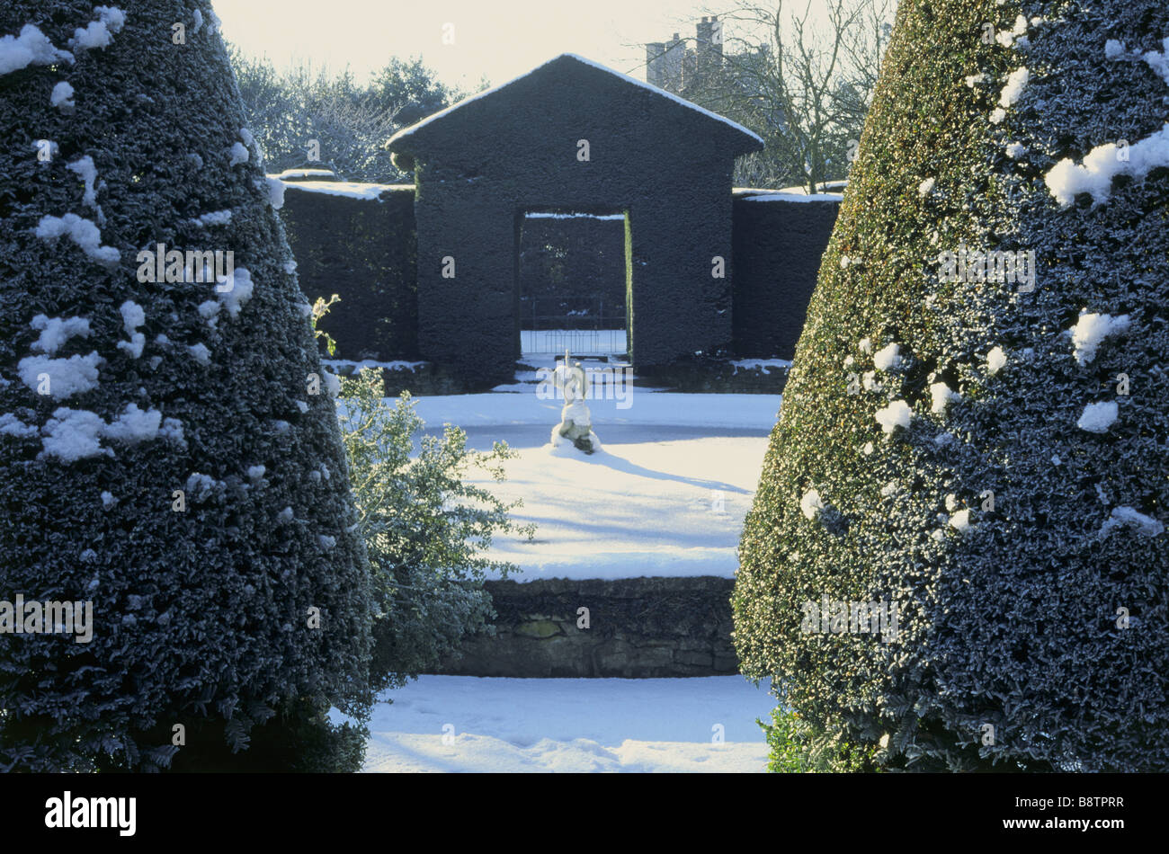 A view of the frozen and snow covered Bathing Pool Garden with the ...