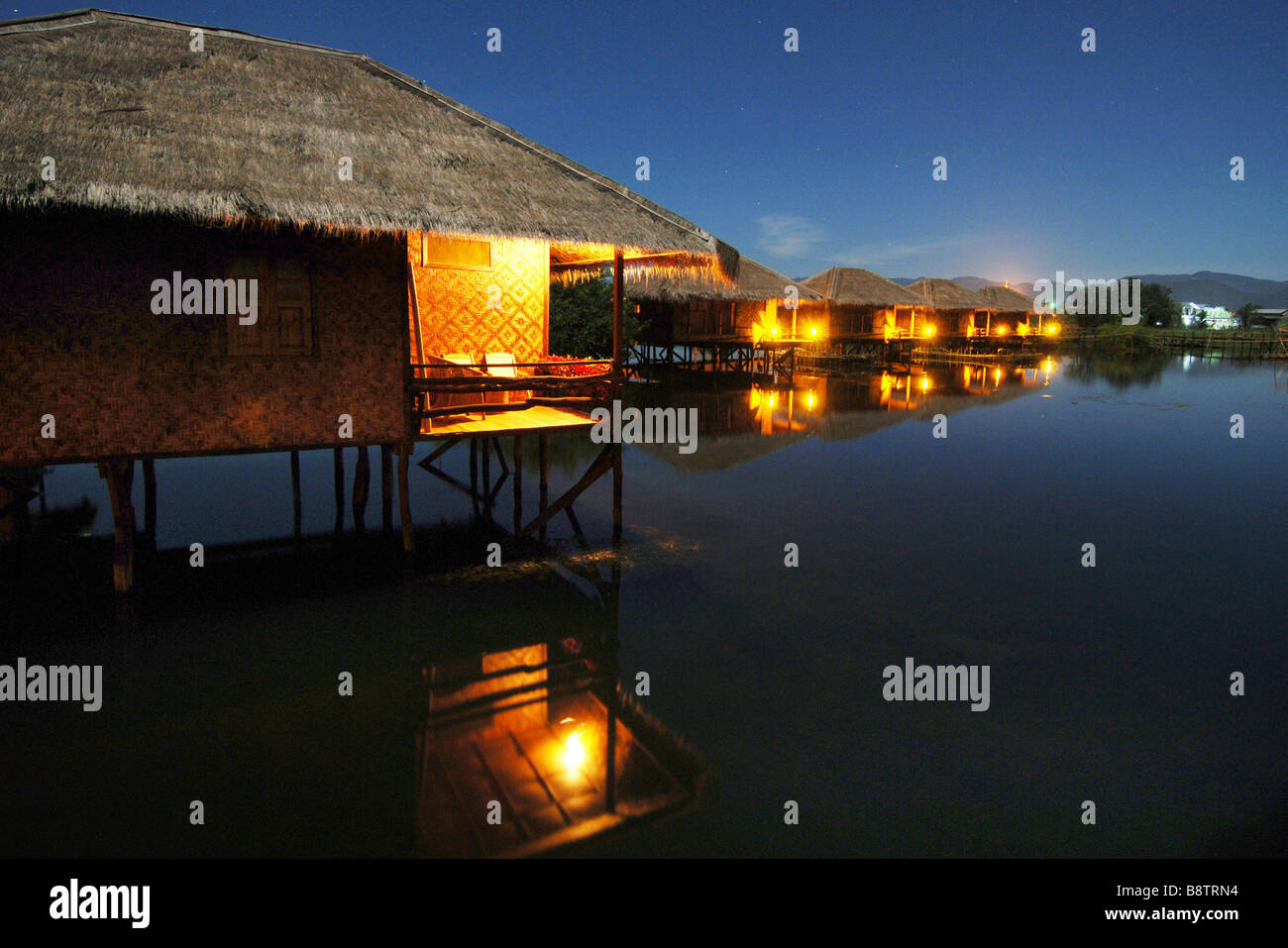 holiday resort at Lake Inle at night, Burma Stock Photo - Alamy