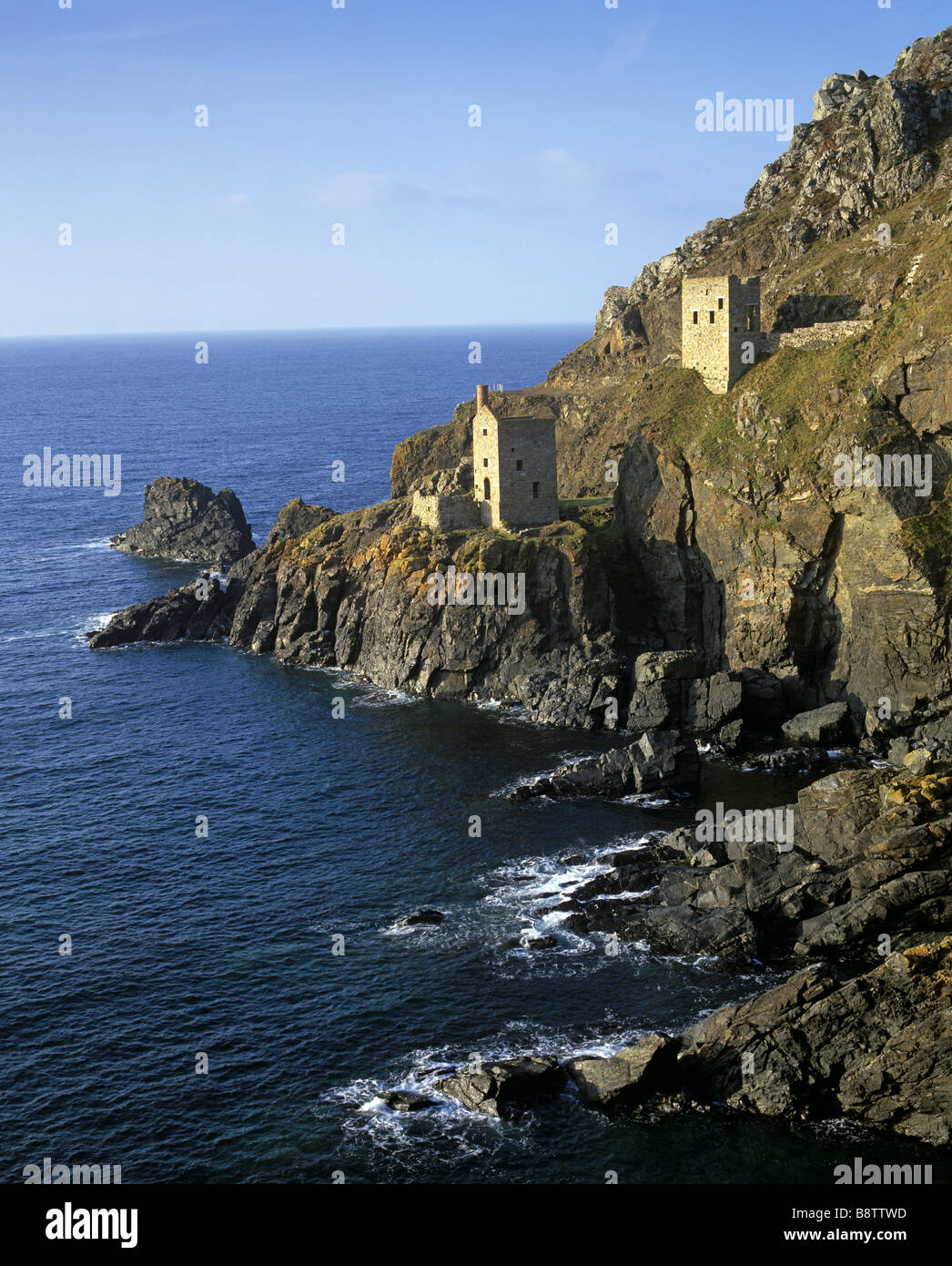 Ruinous engine houses of Botallack Mine near St Just in Cornwall which ...