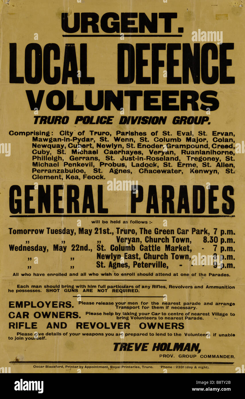A recruiting poster at Trerice for the Local Defence Volunteers Stock ...