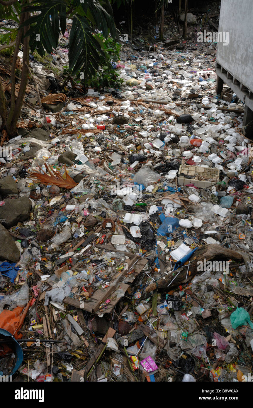 Litter behind dried fish market Semporna Sabah Malaysia Borneo South ...
