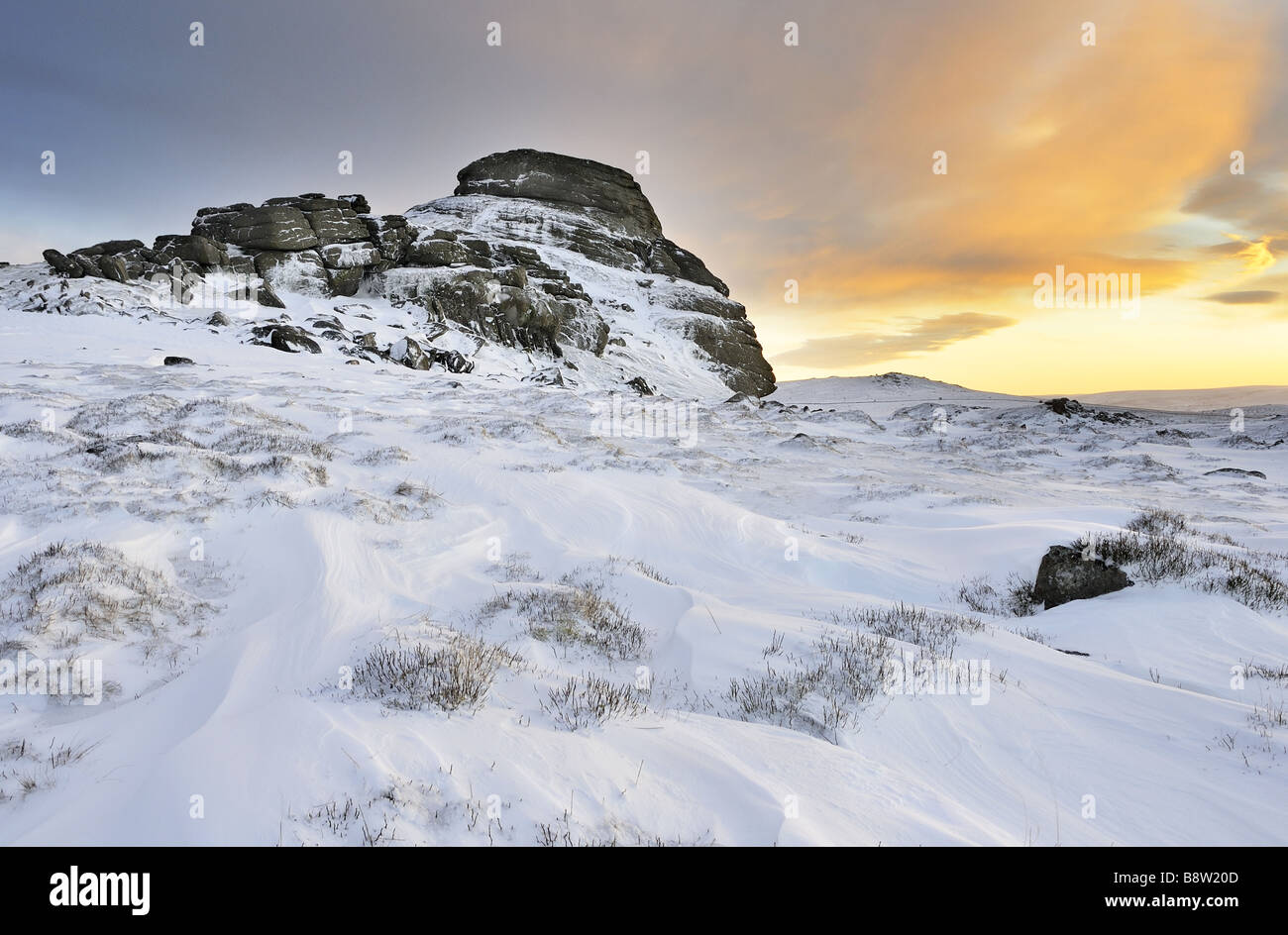 Haytor Rock, Dartmoor in heavy snow at sunset Stock Photo - Alamy
