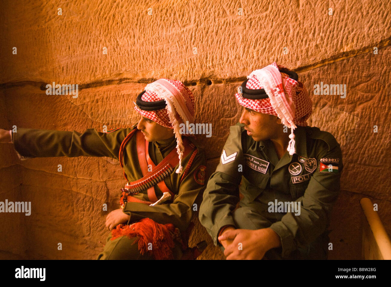 Two Jordanian Desert Patrol Police in the ancient city of Petra in ...
