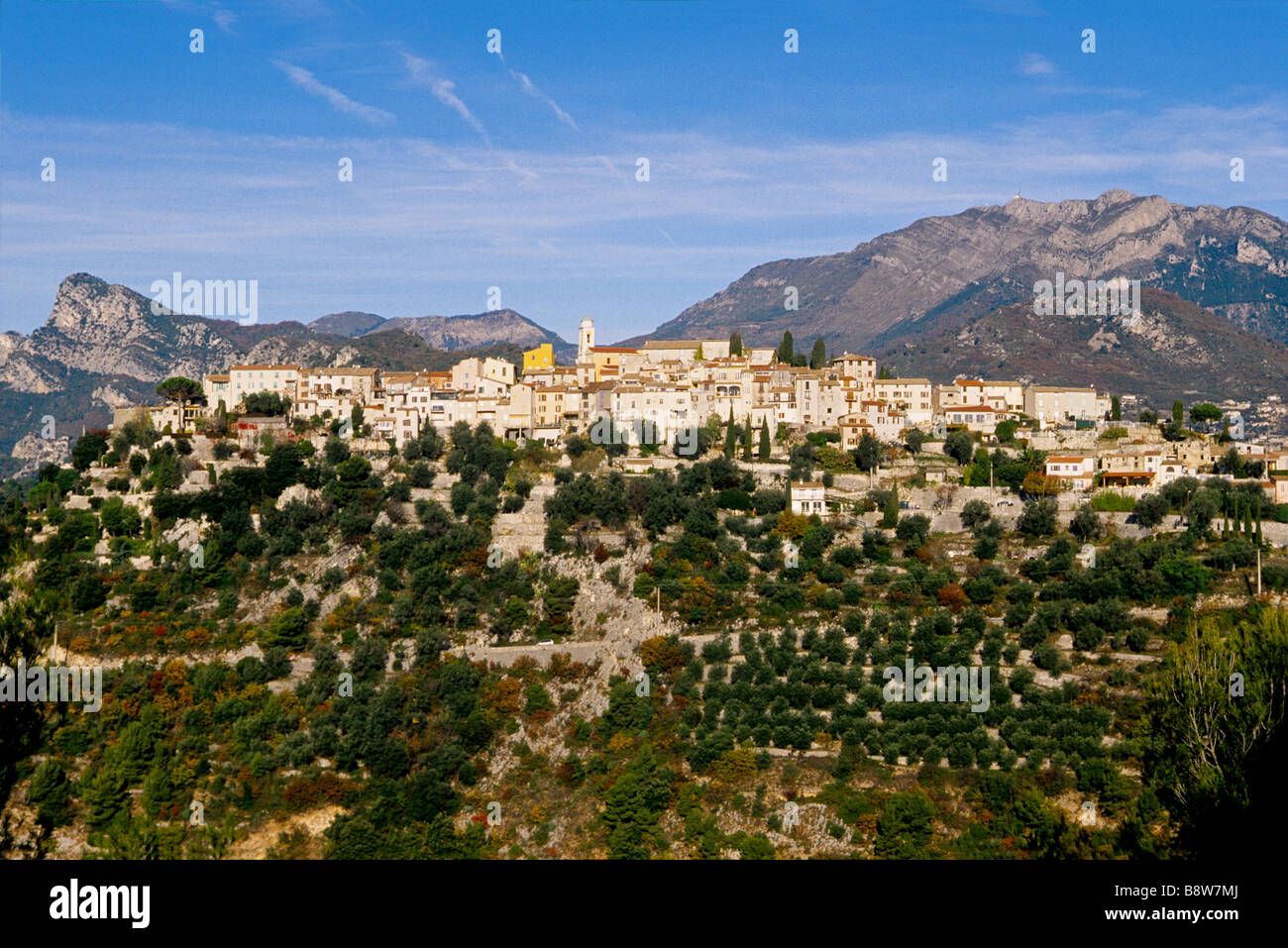 Picturesque perched village of La Roquette sur Var into the Var river ...