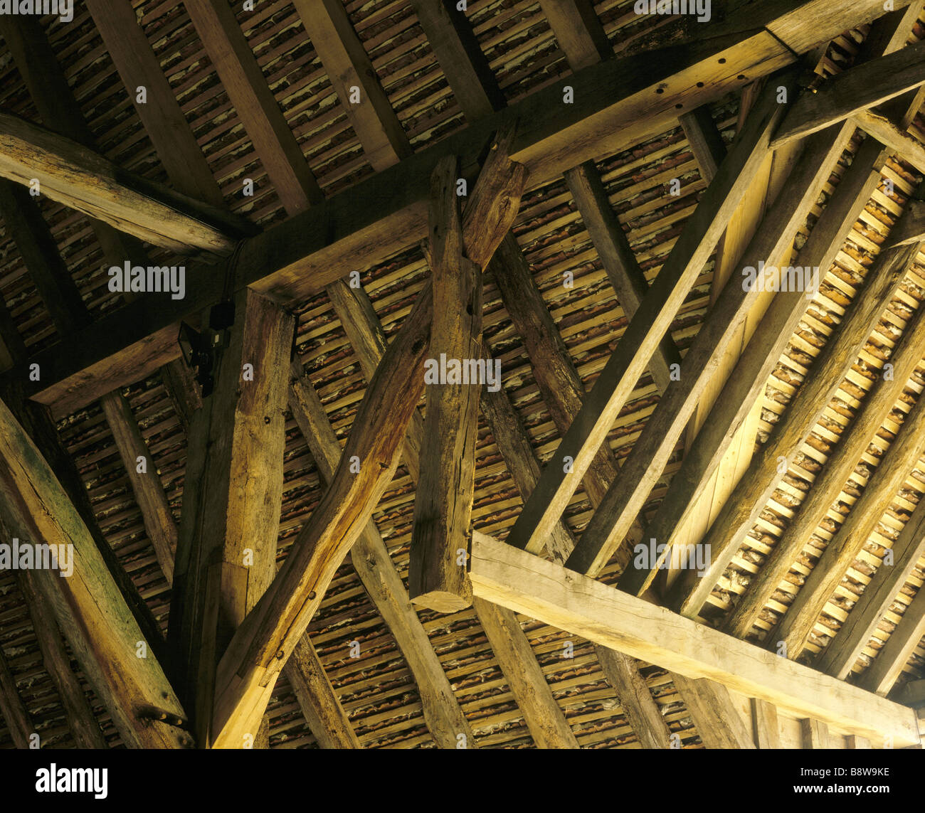 Detail of joints and beams inside Coggeshall Grange Barn a timber ...