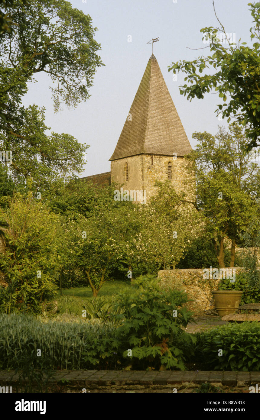 A view through the garden from the house looking towards to the spire ...