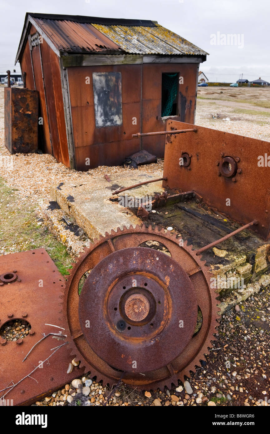 Disused and rusting shed , hut and rusty metal at Dungeness in Kent ...