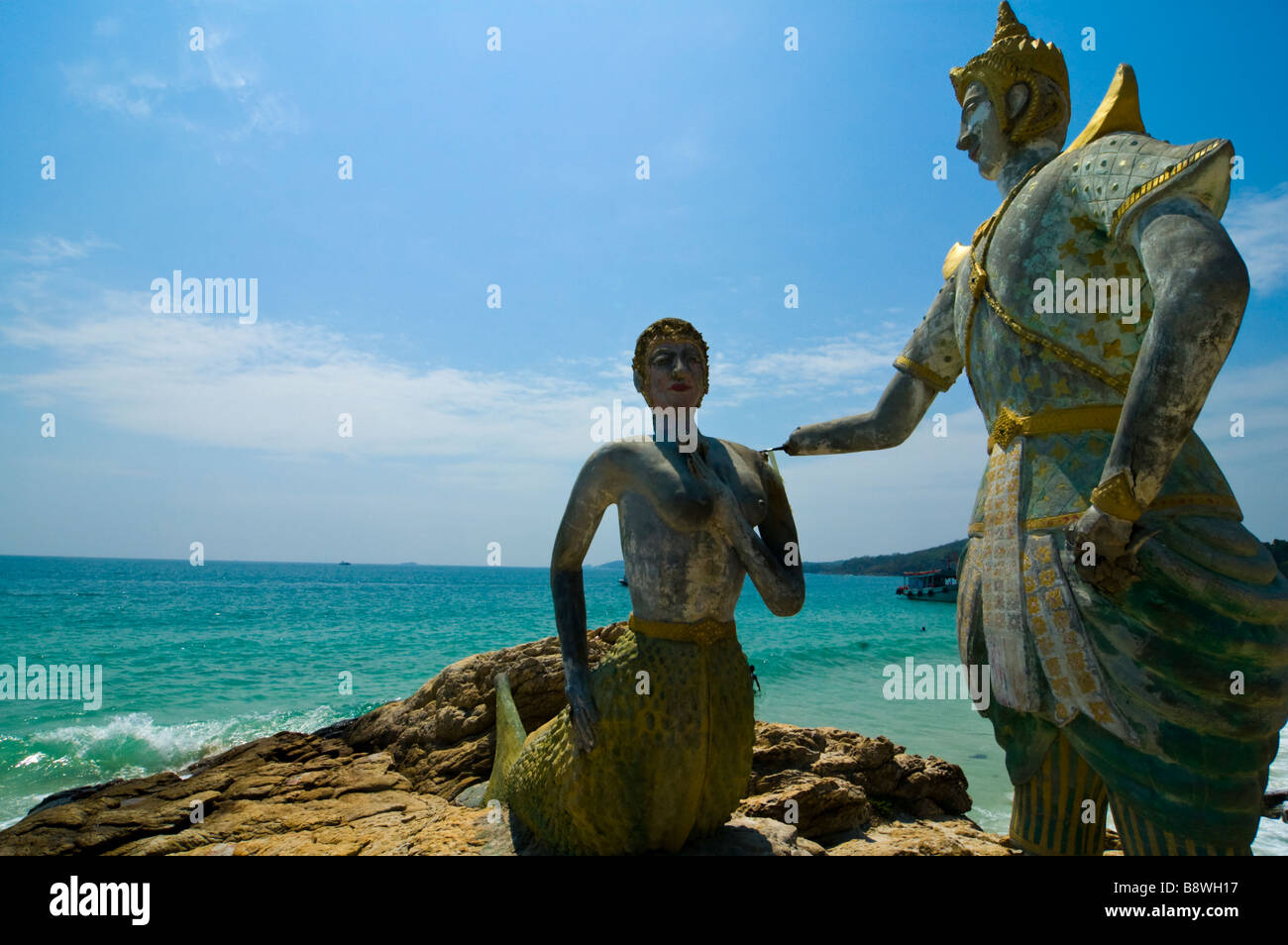 Prince and mermaid statues at Ao Hin Khok Beach, Koh Samet Island ...