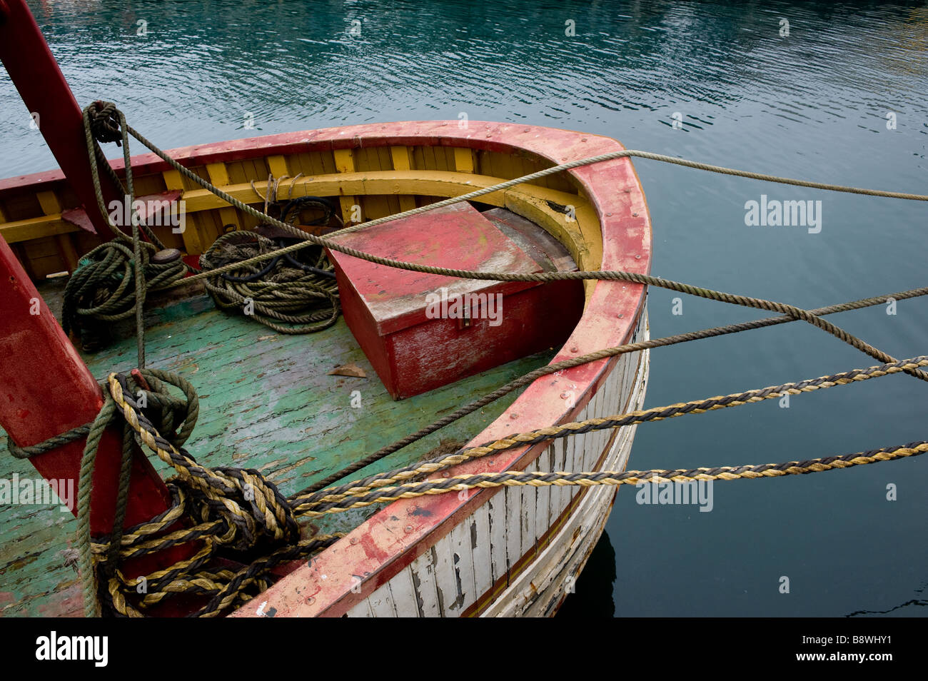 The deck and stern of an old boat moored in Newlyn Harbour Stock Photo ...