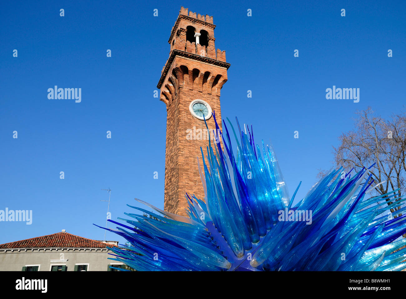 Clock Tower and glass sculpture on the Island of Murano, Venice Stock ...