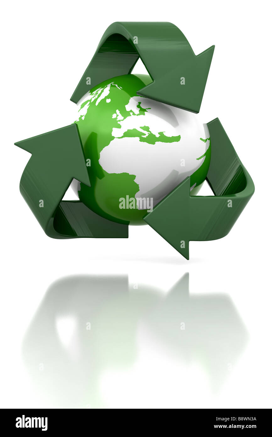 3D render of a globe with a recycling icon Stock Photo - Alamy