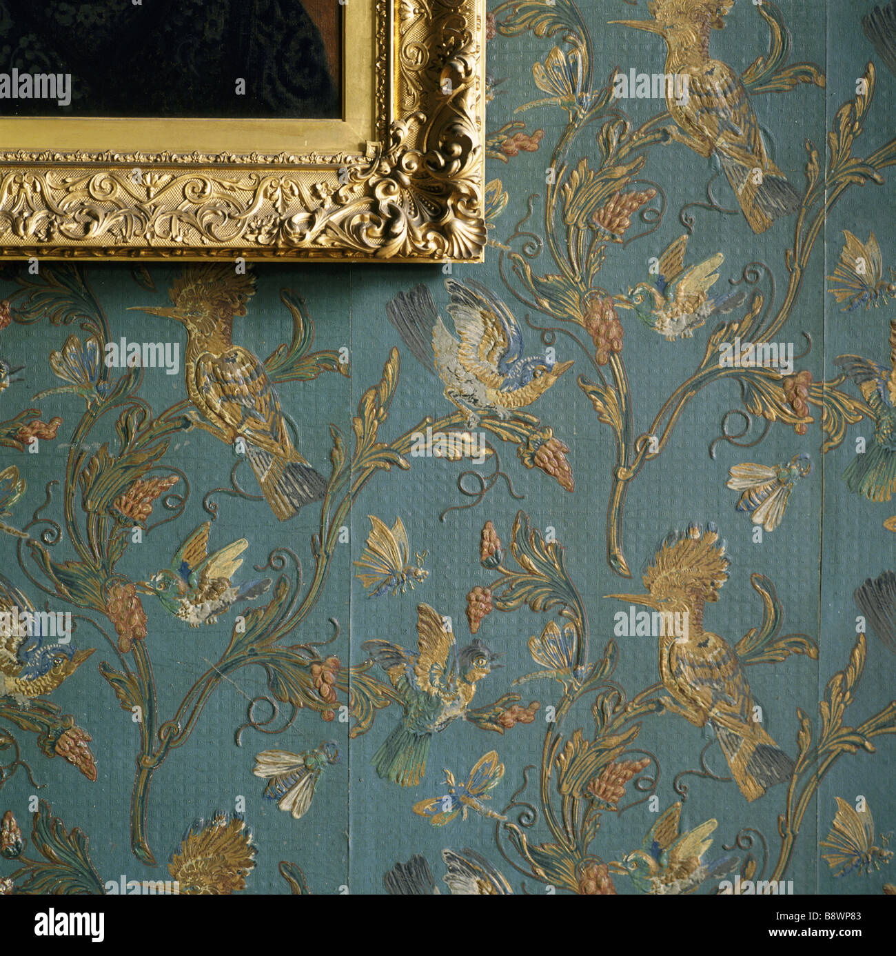Detail of the 19th century wallpaper in the Library at Dunster Castle ...