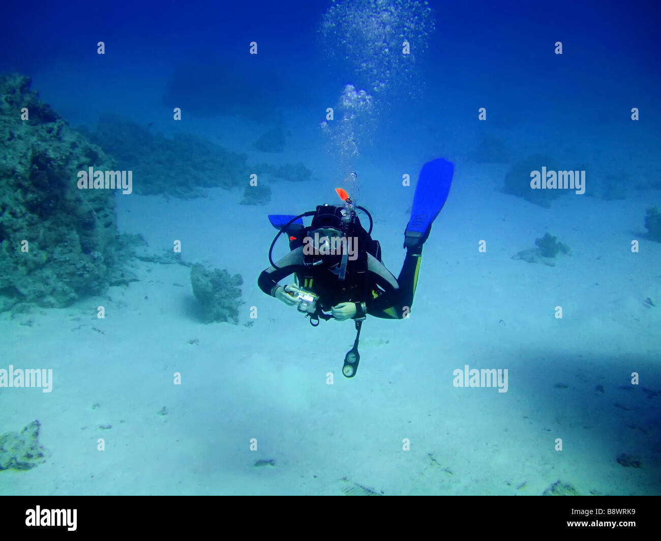 Diver with camera in deep and bubbles Underwater photographer Stock ...