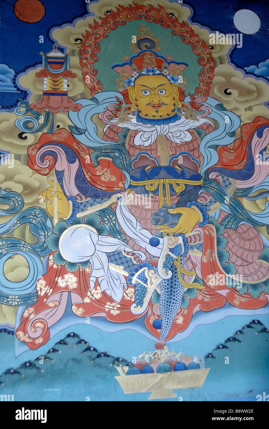 Mural painting of a Bhutanese mythological historic character full of ...