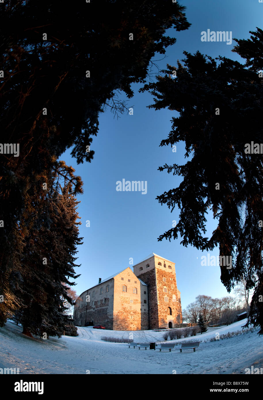 Turku Castle in winter, fish eye image Stock Photo - Alamy