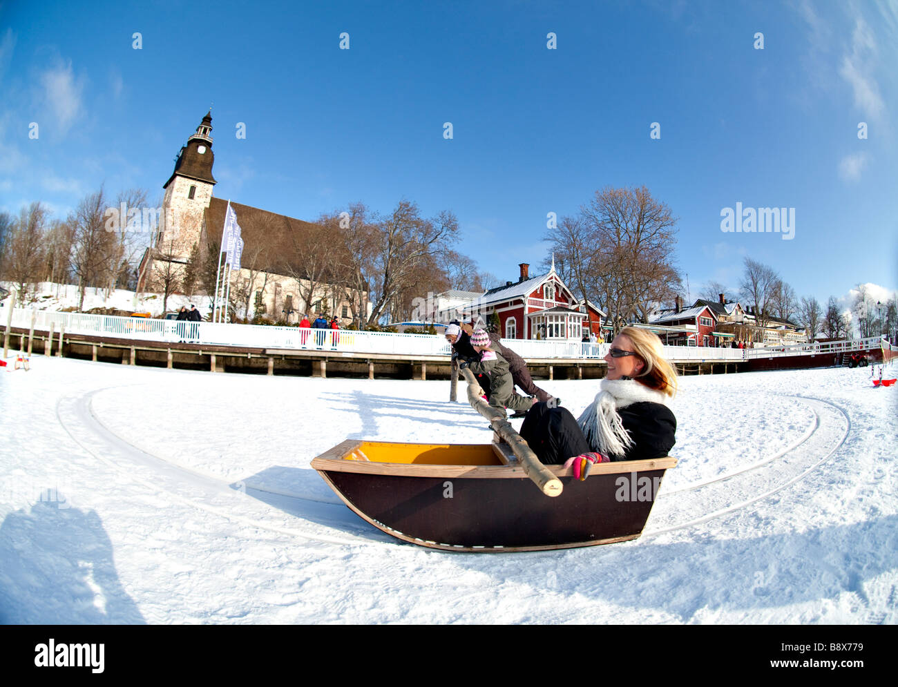 Happy girl in Polar sledge For editorial use only Stock Photo - Alamy
