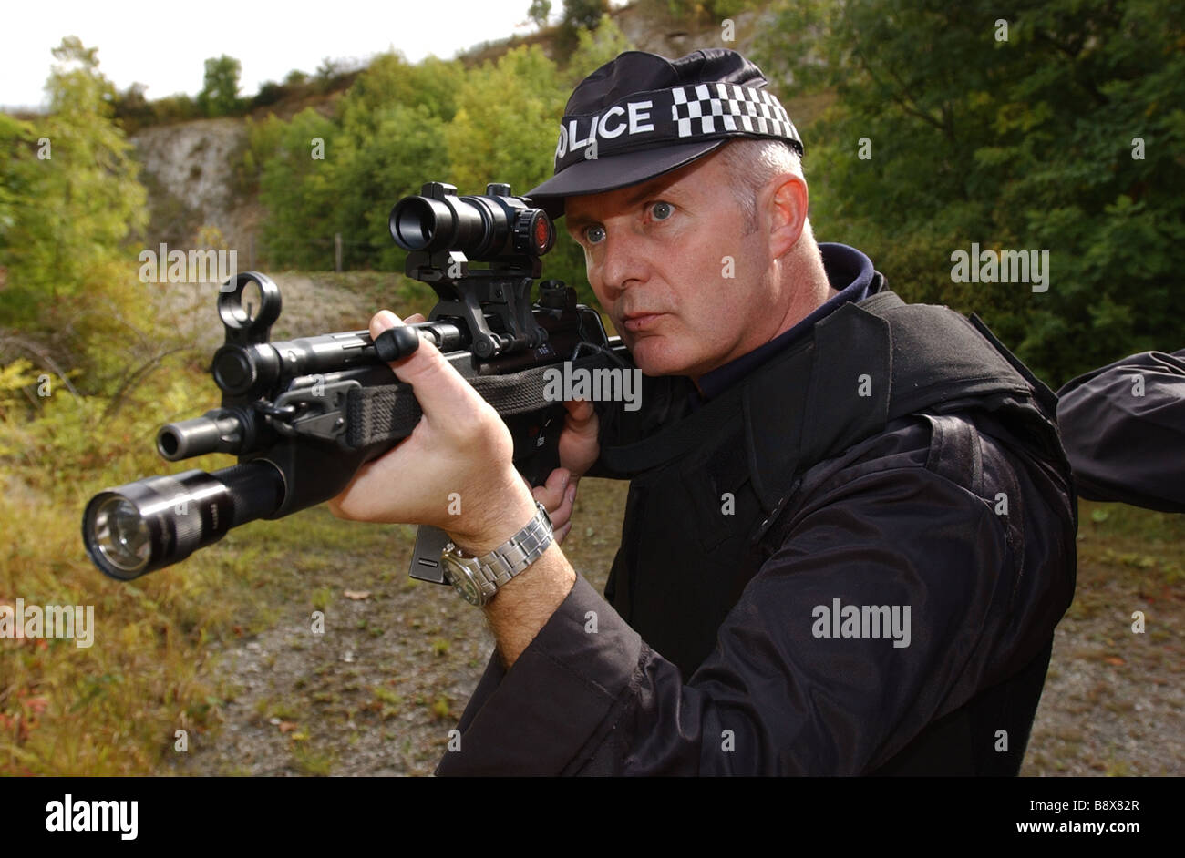 Humberside police officer training with a Heckler Koch 9mm MP5 carbine ...
