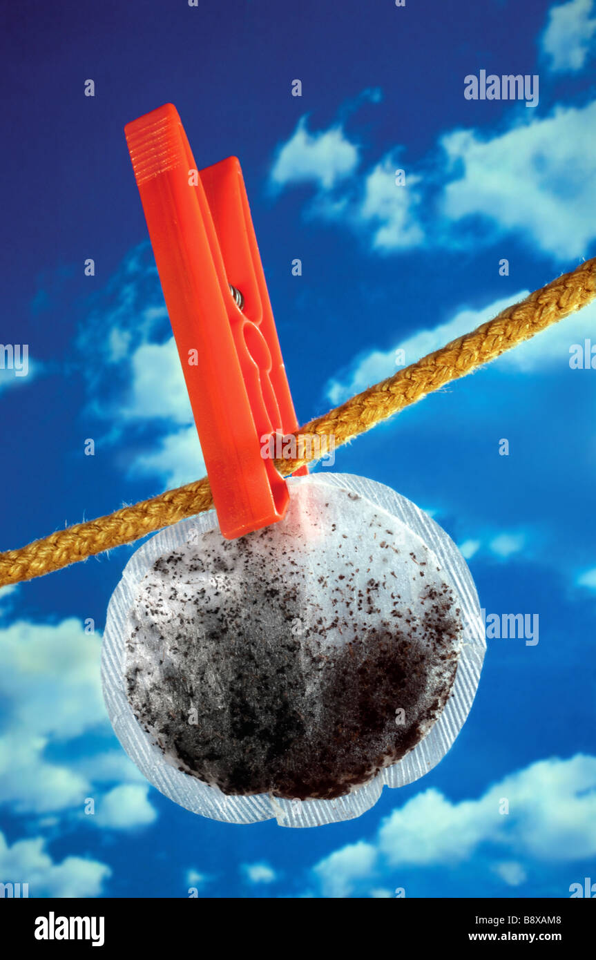 recycling tea bag on washing line reuse reusing to economize economise ...