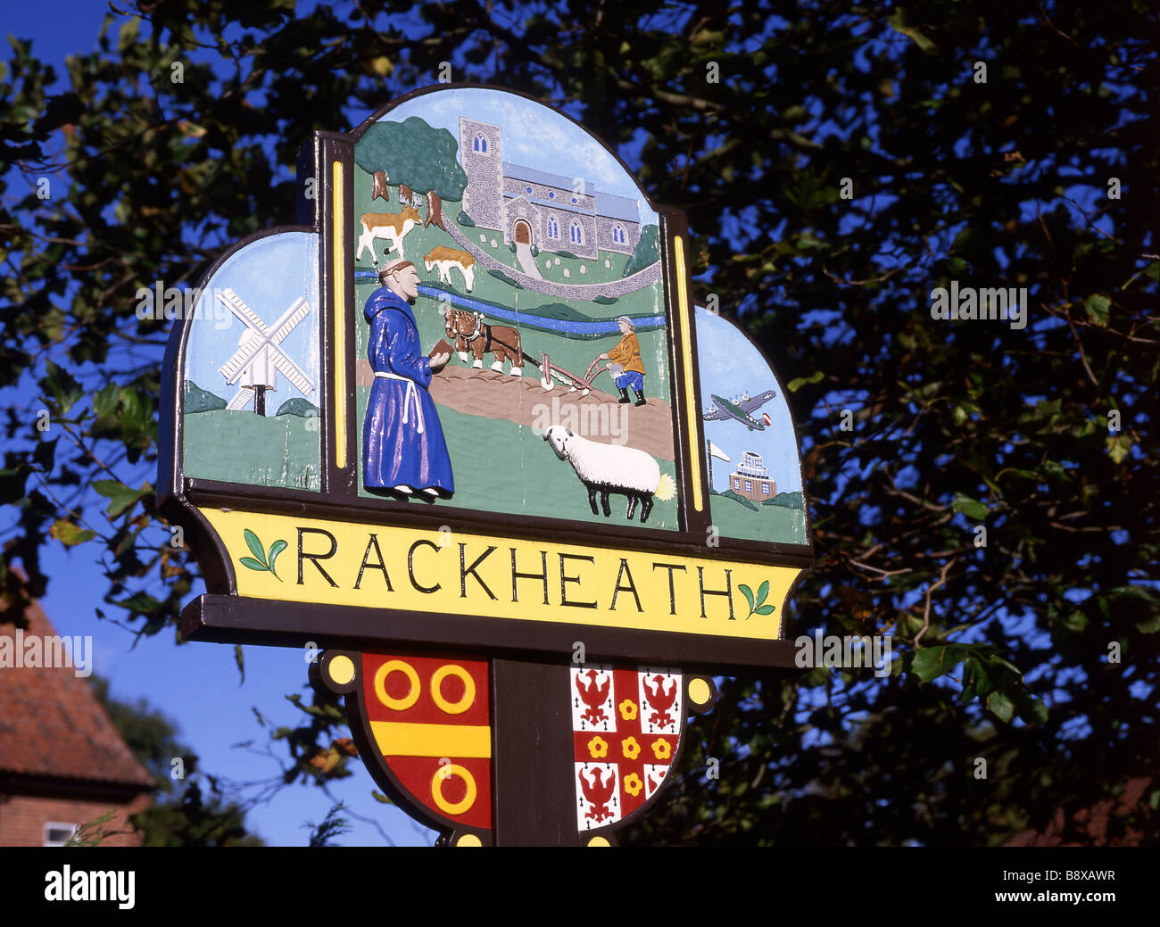 Village sign at Rackheath on the north-eastern edge of Norwich, Norfolk ...